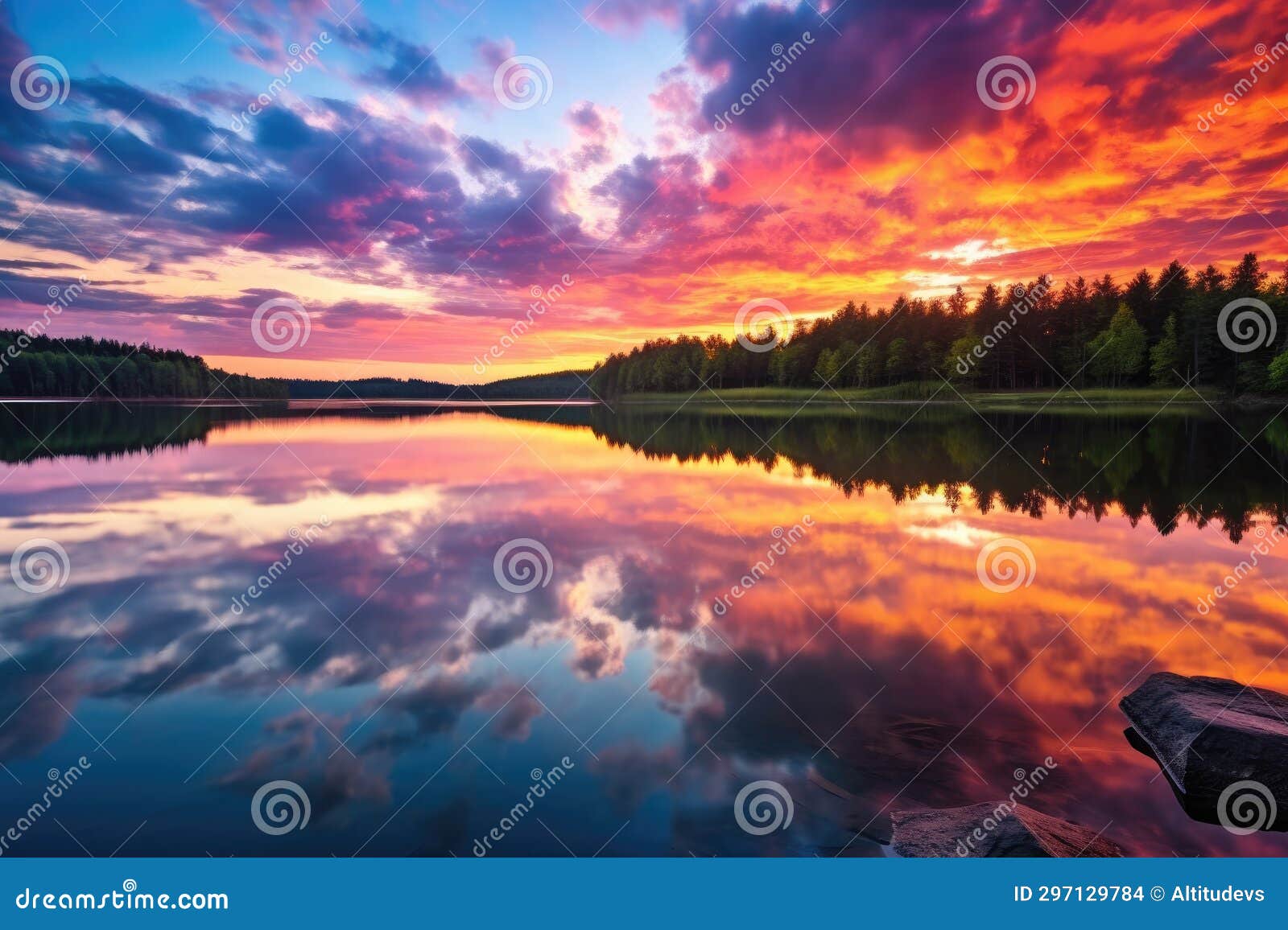 Sunset Reflection Creating Magical Colors on a Still Lake Stock Photo ...