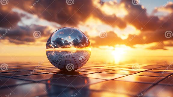 Sunset Reflection Orb Sphere Reflecting Sunset Clouds and Grid ...