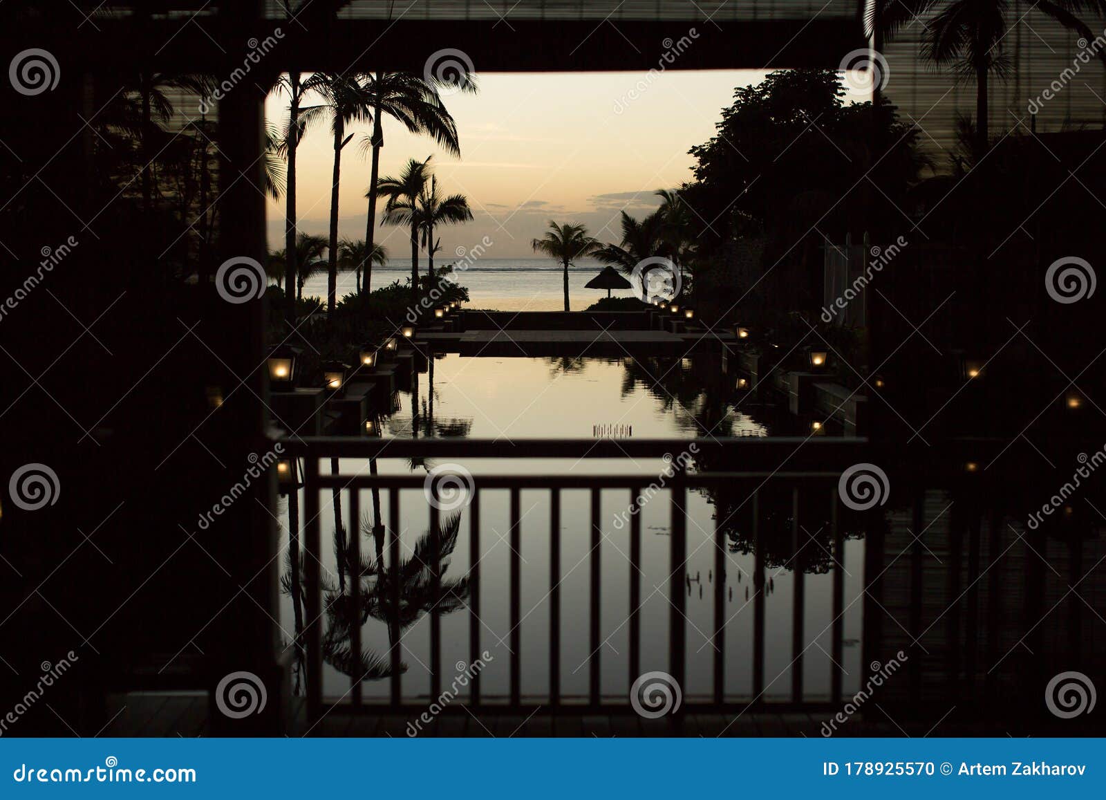 Sunset in the Reflection of the Pool. Stock Photo - Image of beach ...