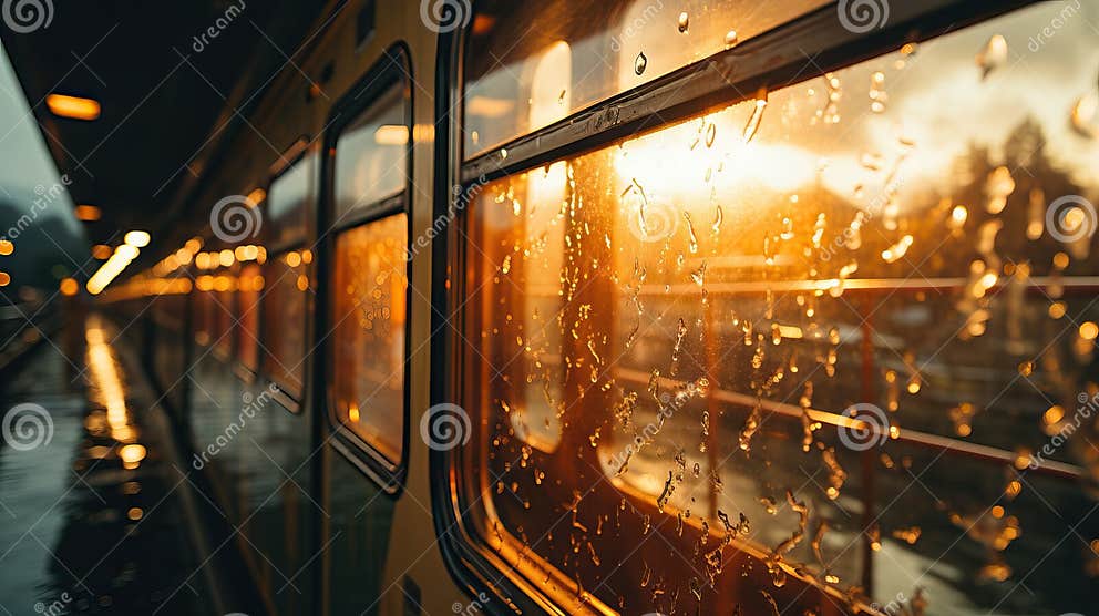 Sunset Reflection on a Rain-splattered Train Window, Emphasizing the ...