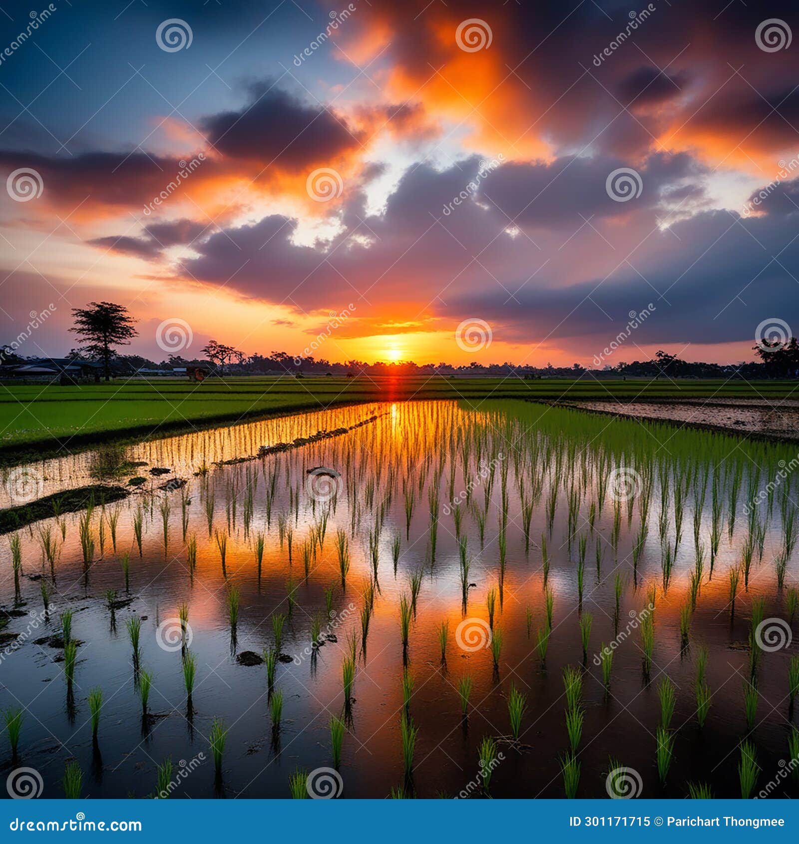Sunset at Rice Field during Rainy Season Stock Illustration ...