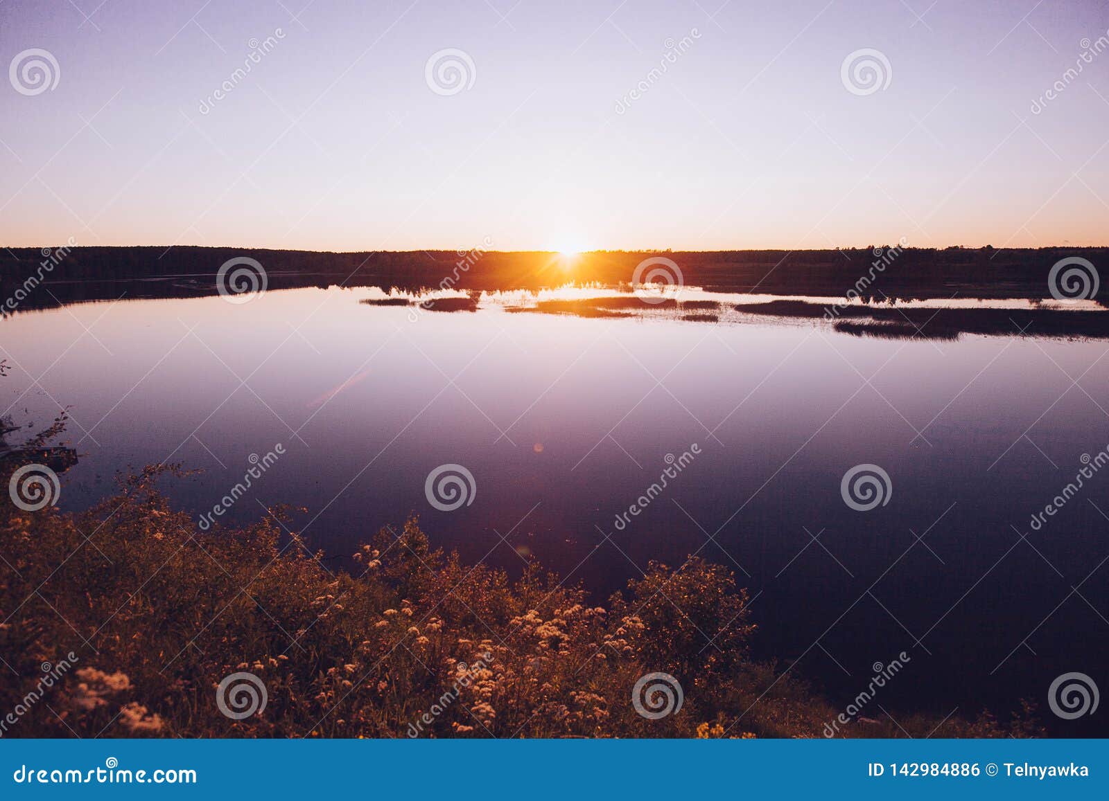 Sunset on the river stock photo. Image of season, morning - 142984886