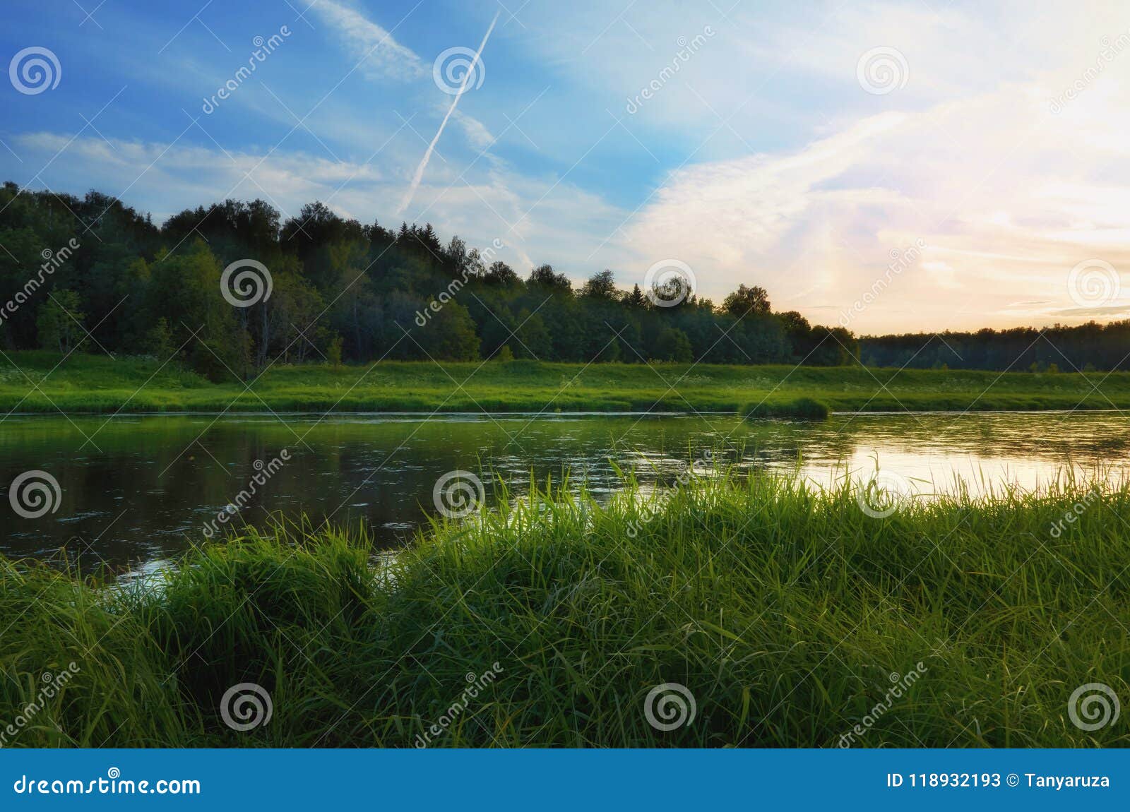 Sunset on River Bank in Summer Evening Stock Image - Image of sunset ...