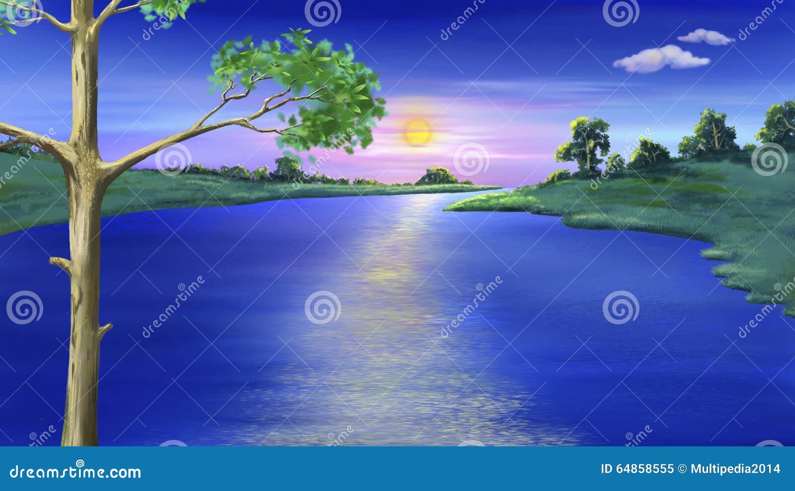 Sunset on the river stock image. Image of drawing, digital - 64858555