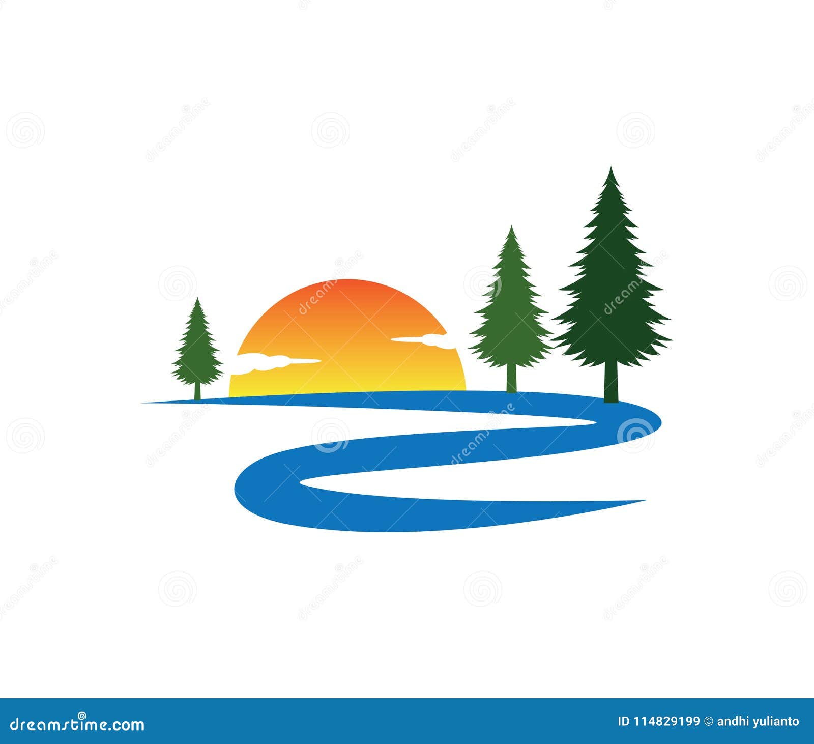 Sunset River Road Pine Tree Vector Logo Design Stock Illustration ...