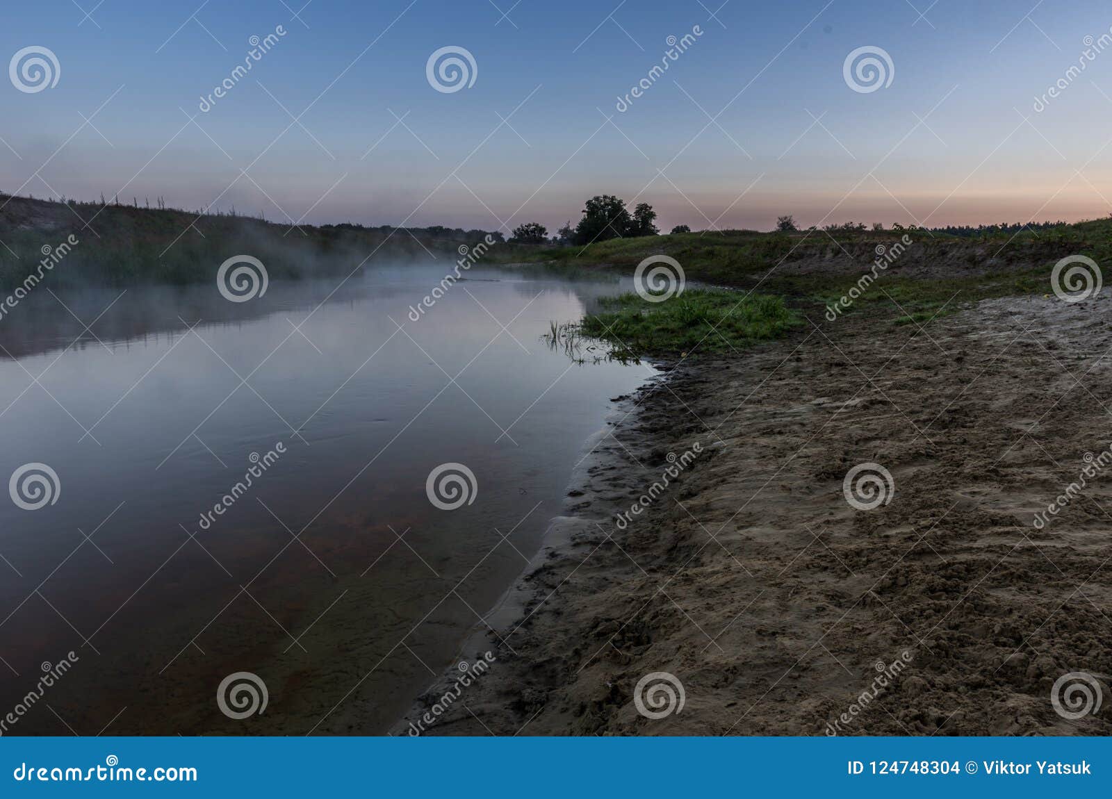 Sunset by the River. Summer Mist Over the River Stock Photo - Image of ...