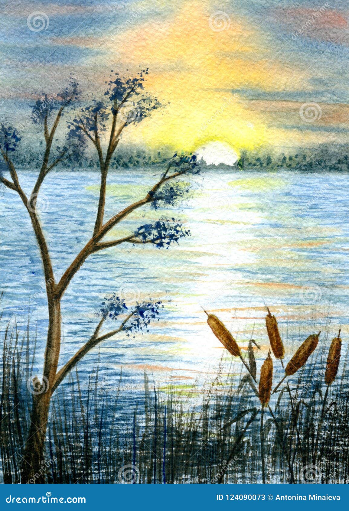 Sunset on river stock illustration. Illustration of colorful - 124090073