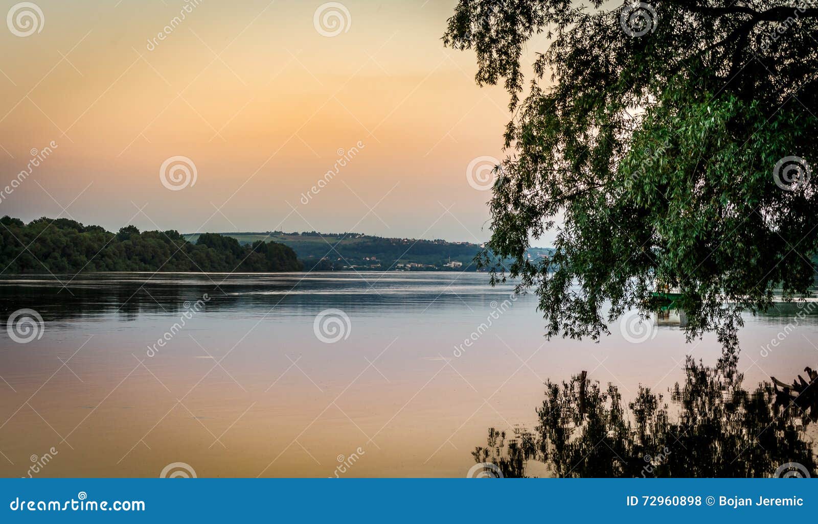 Sunset on the River with Tree Reflection Stock Photo - Image of ...