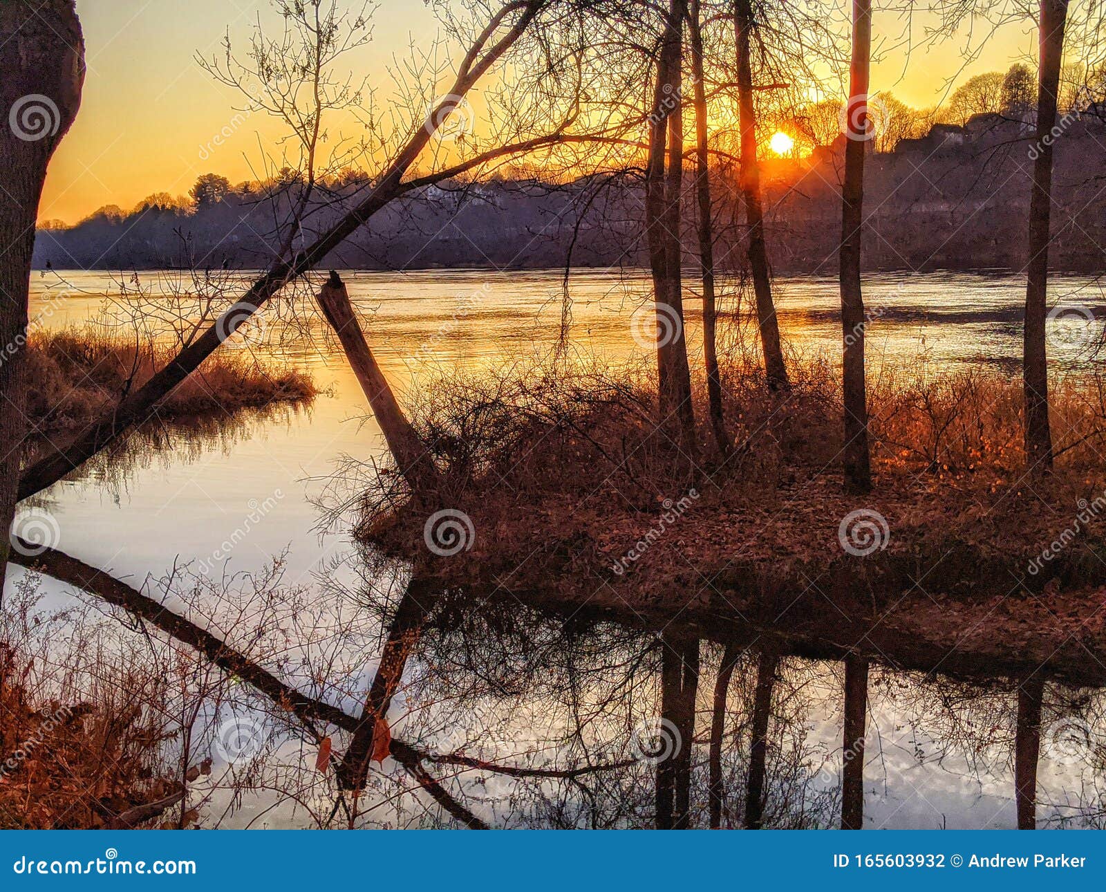 Sunset on the River Walk Path during Fall Stock Photo - Image of river ...