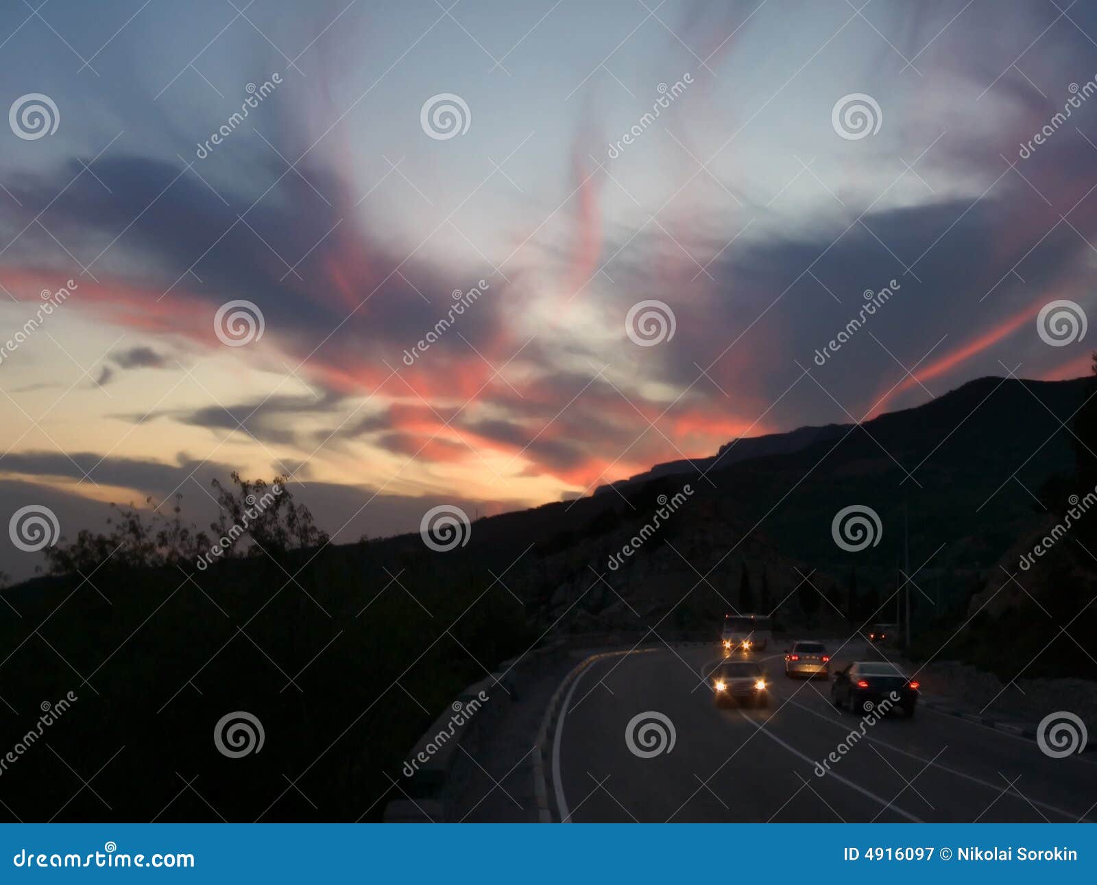 Sunset, road and cars stock image. Image of colored, night - 4916097