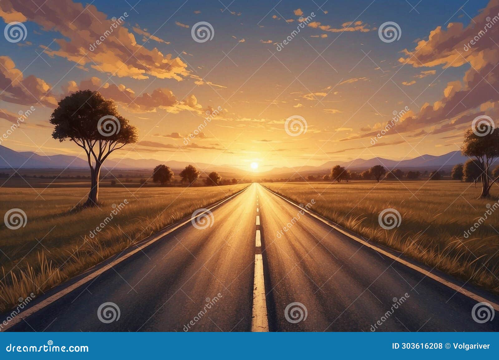 Sunset on the Road, Long Way Ahead Stock Illustration - Illustration of ...