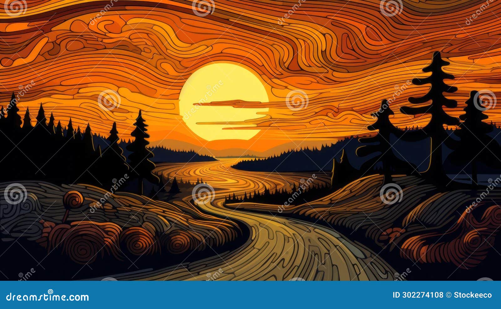 Sunset Road in the Style of E. Munch - Vector Illustration Stock Photo ...