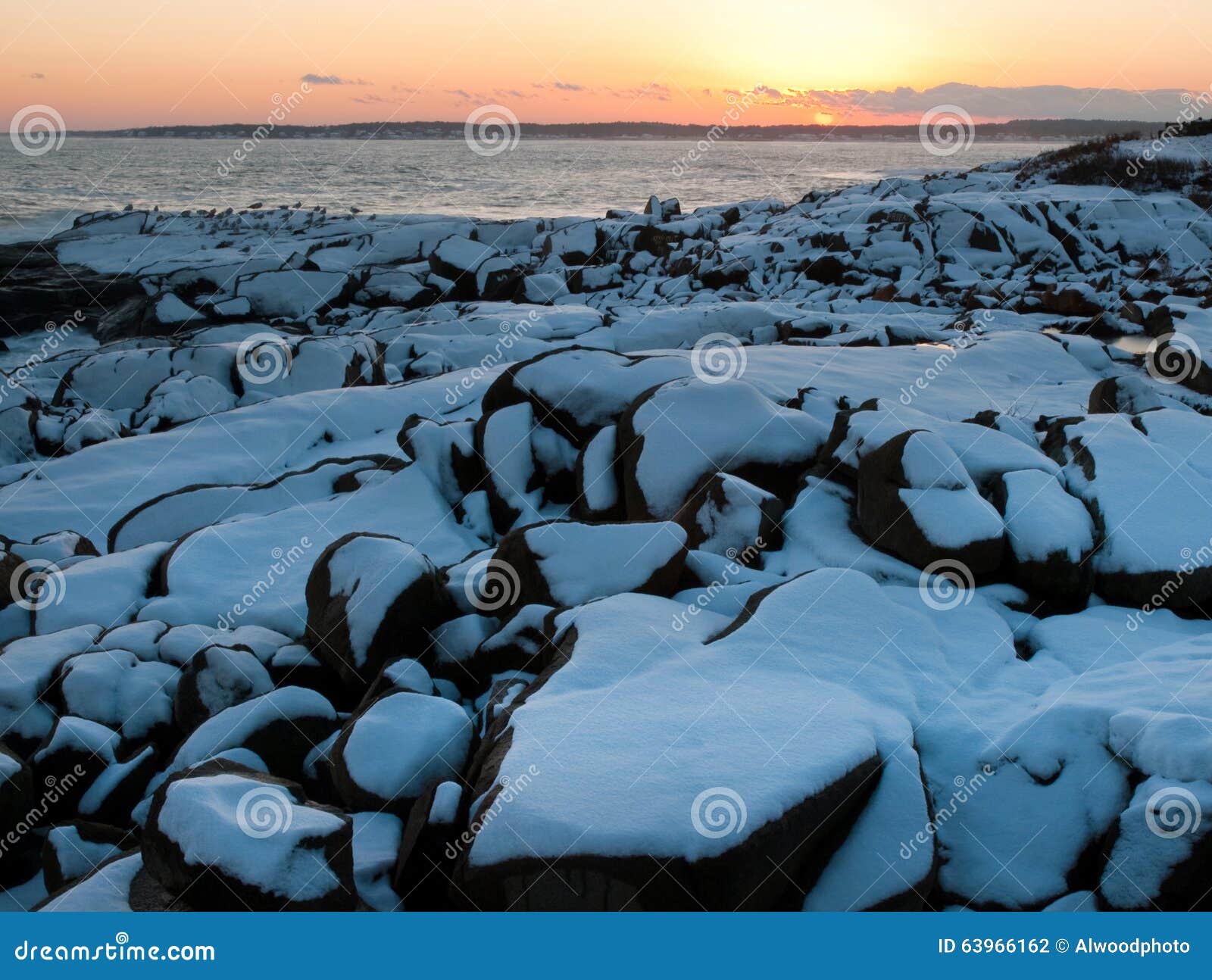 Sunset on Rocky Coast of Maine in Winter. Stock Photo - Image of ...