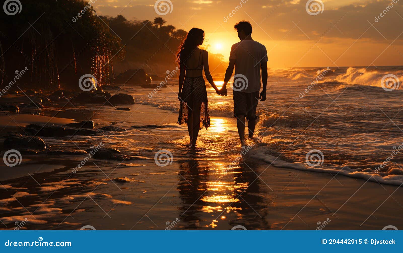 Sunset Romance Two Smiling Adults Walking, Holding Hands By Water ...