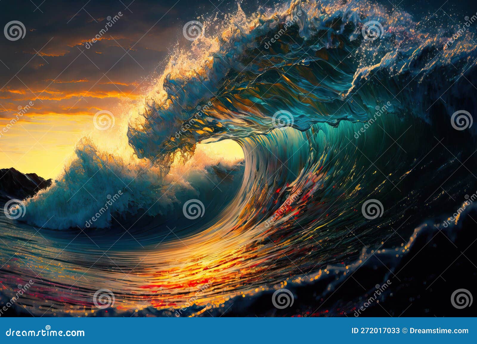 At Sunset, a Rough Colored Ocean Wave Crashes Stock Illustration ... At Sunset, a Rough Colored Ocean Wave Crashes Stock Illustration ...