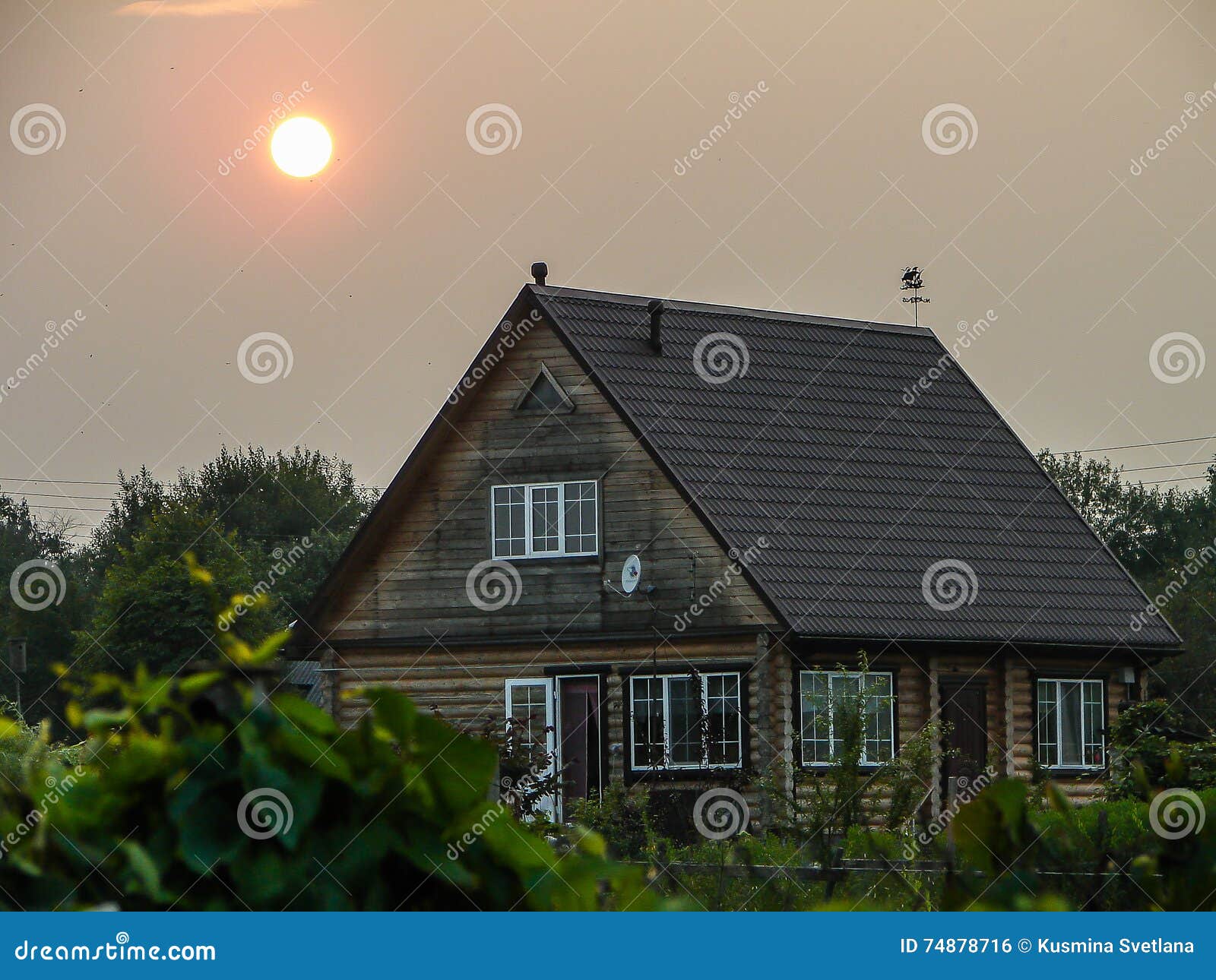 Sunset at Russian village. stock photo. Image of sunset - 74878716