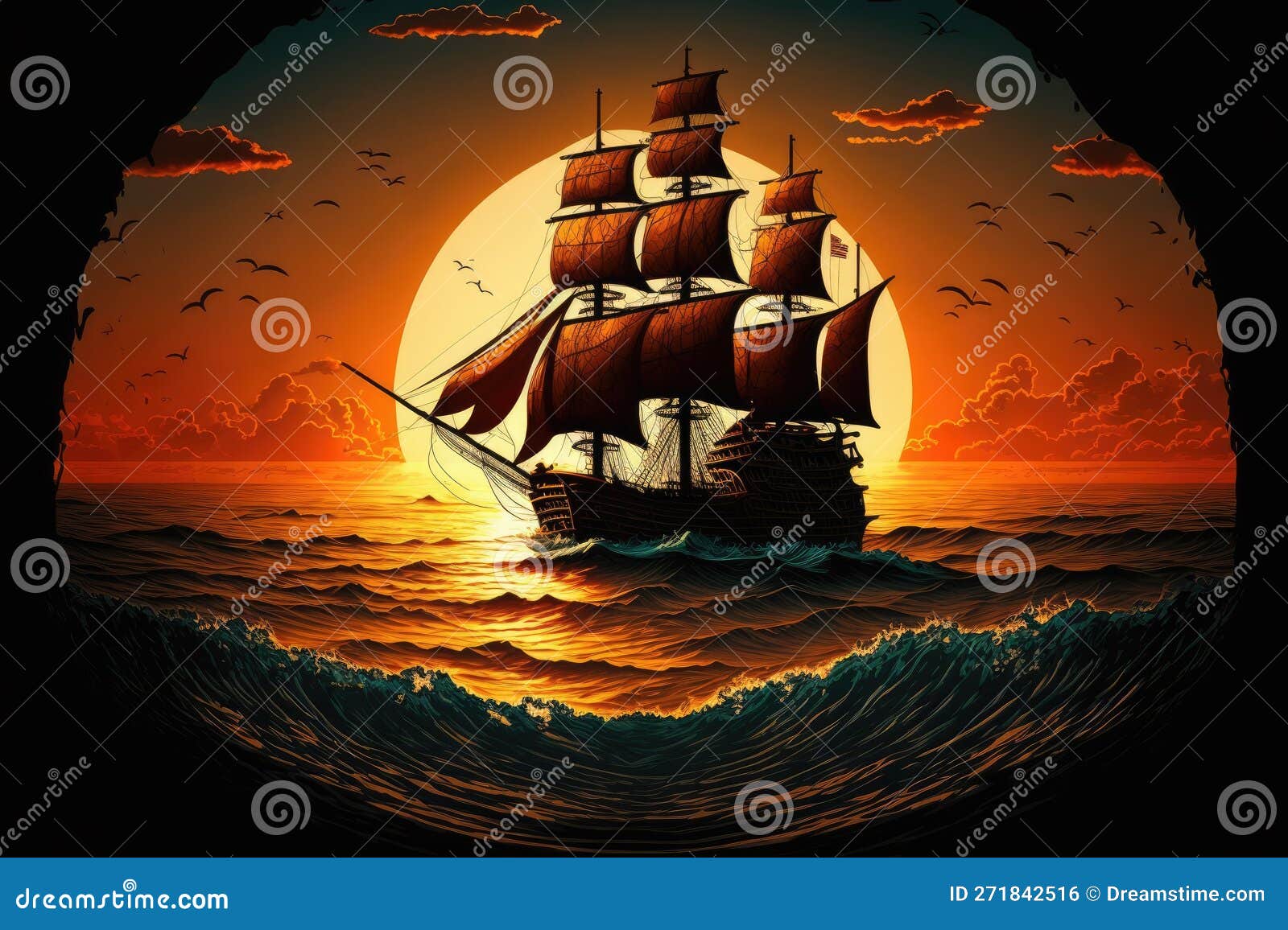 Sunset Sail of a Spanish Galleon on the Open Seas Stock Illustration ...