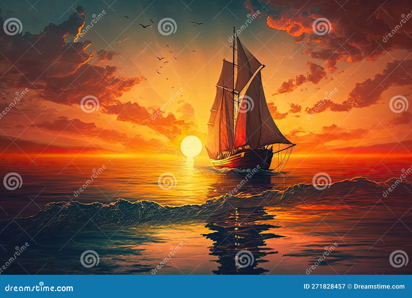 Sunset Sailboat Painting In Graphic Pop-art Style Royalty-Free Cartoon ...