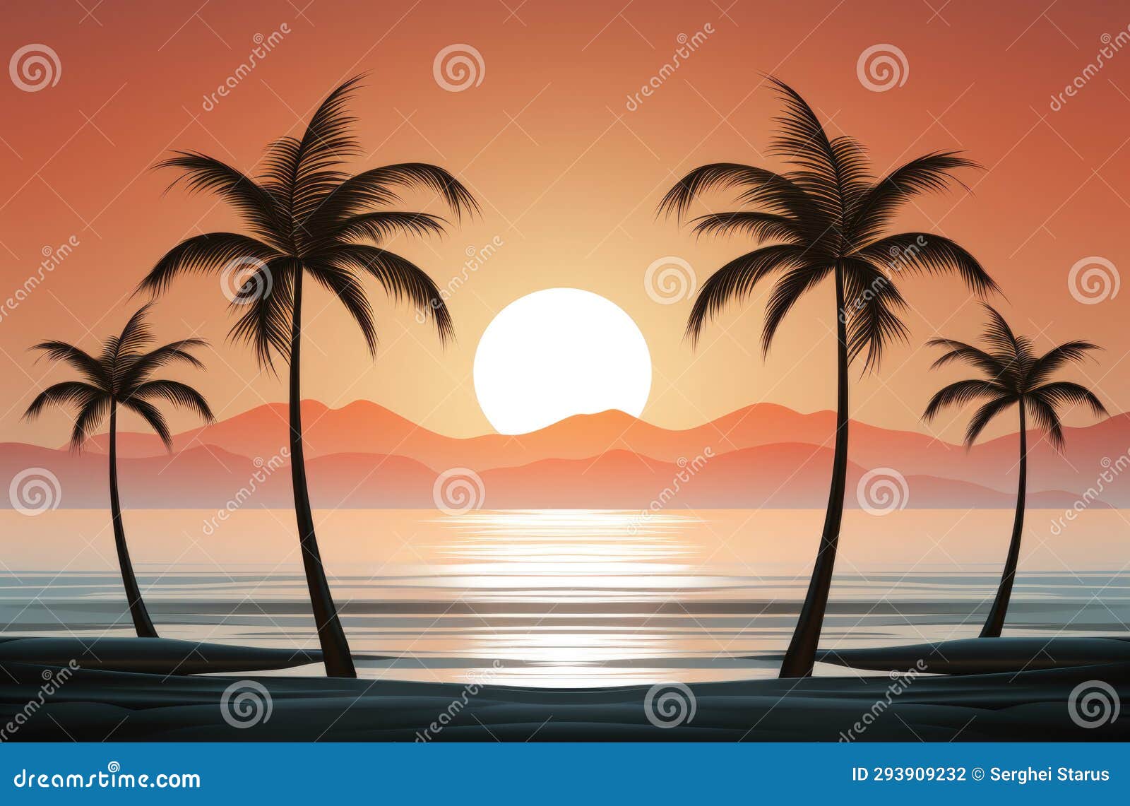 A Sunset Scene with Palm Trees on the Beach, AI Stock Photo - Image of ...