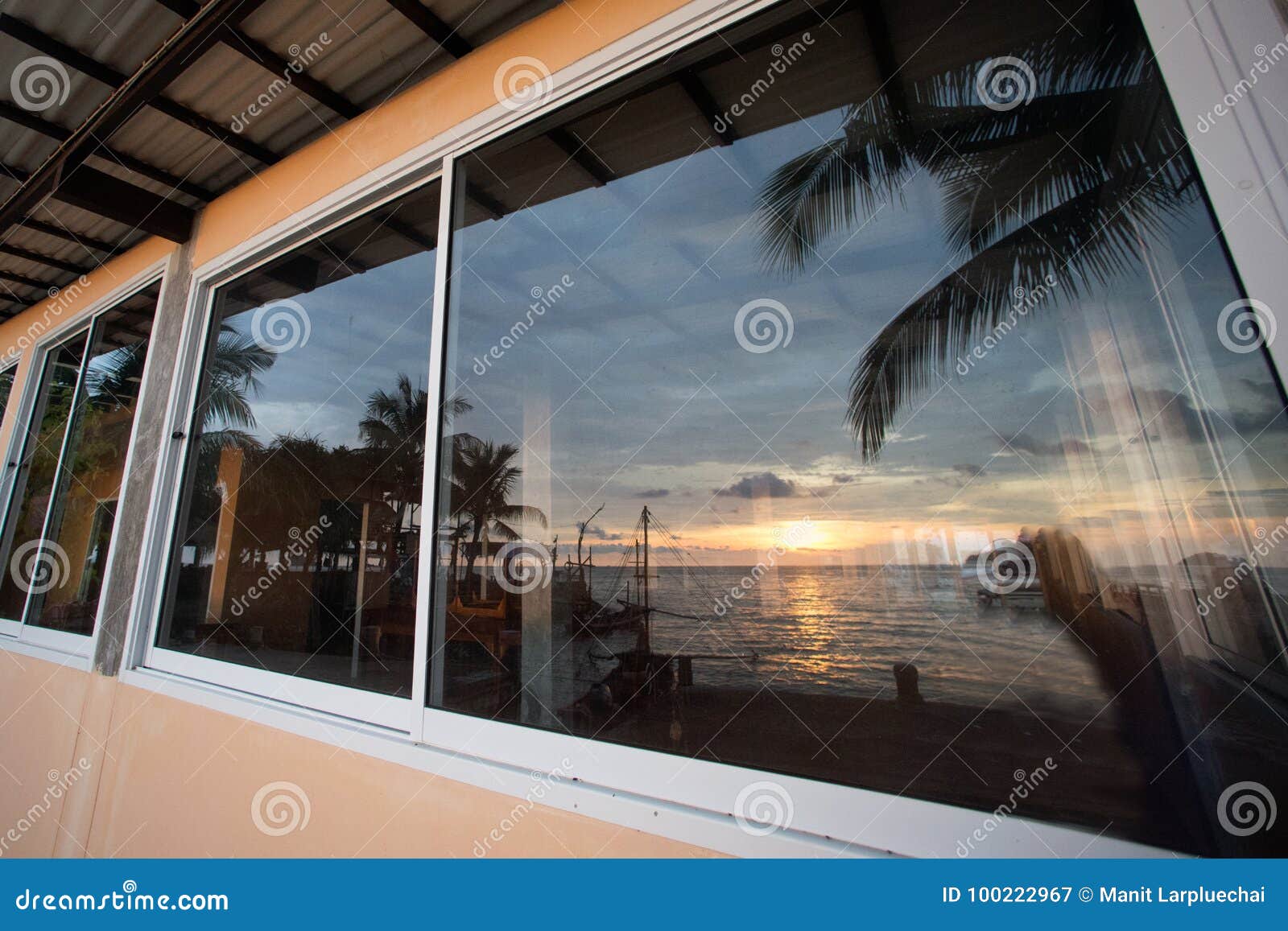 Sunset Scenes Reflection on Window of Building. Stock Image - Image of ...
