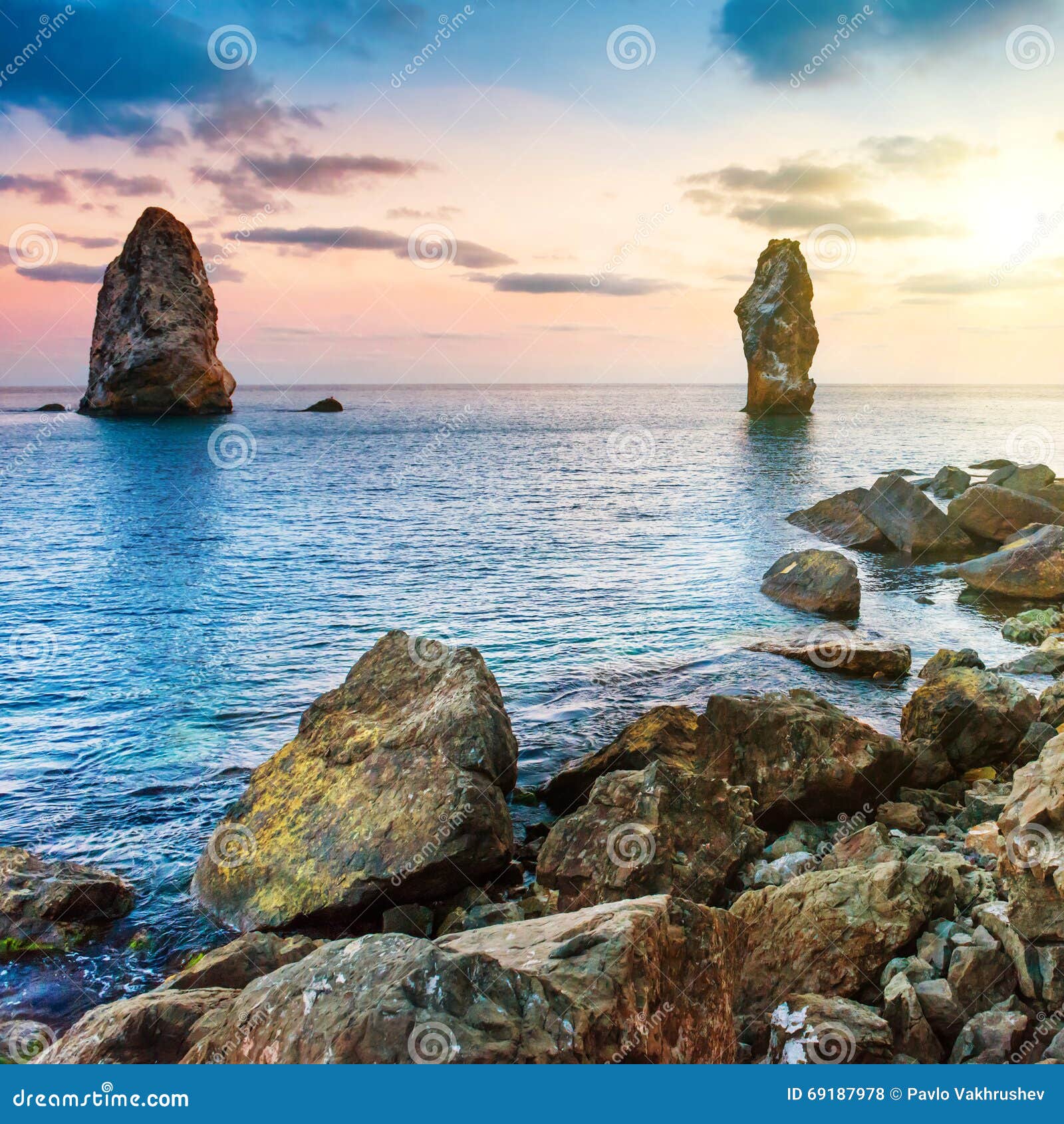 Sunset on the Sea Above Big Rocks Stock Photo - Image of abstract ...