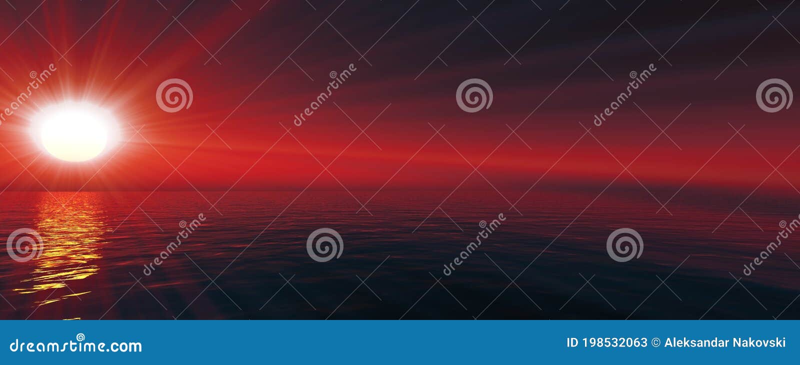 Sunset Sea Sun Ray Clear Sky. 3d Rendering Stock Illustration ...