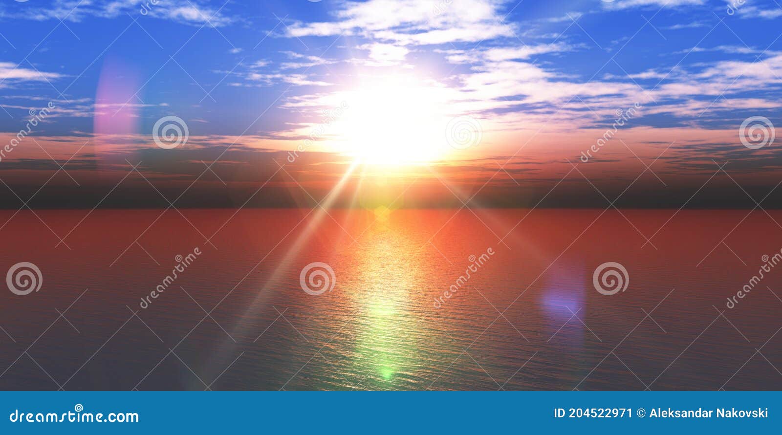 Sunset Sea Sun Ray Clear Sky. 3d Rendering Stock Illustration ...