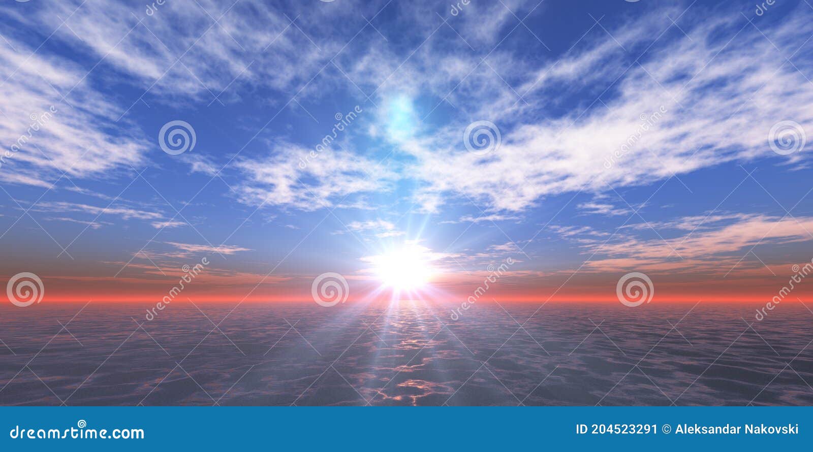 Sunset Sea Sun Ray Clear Sky. 3d Rendering Stock Illustration ...