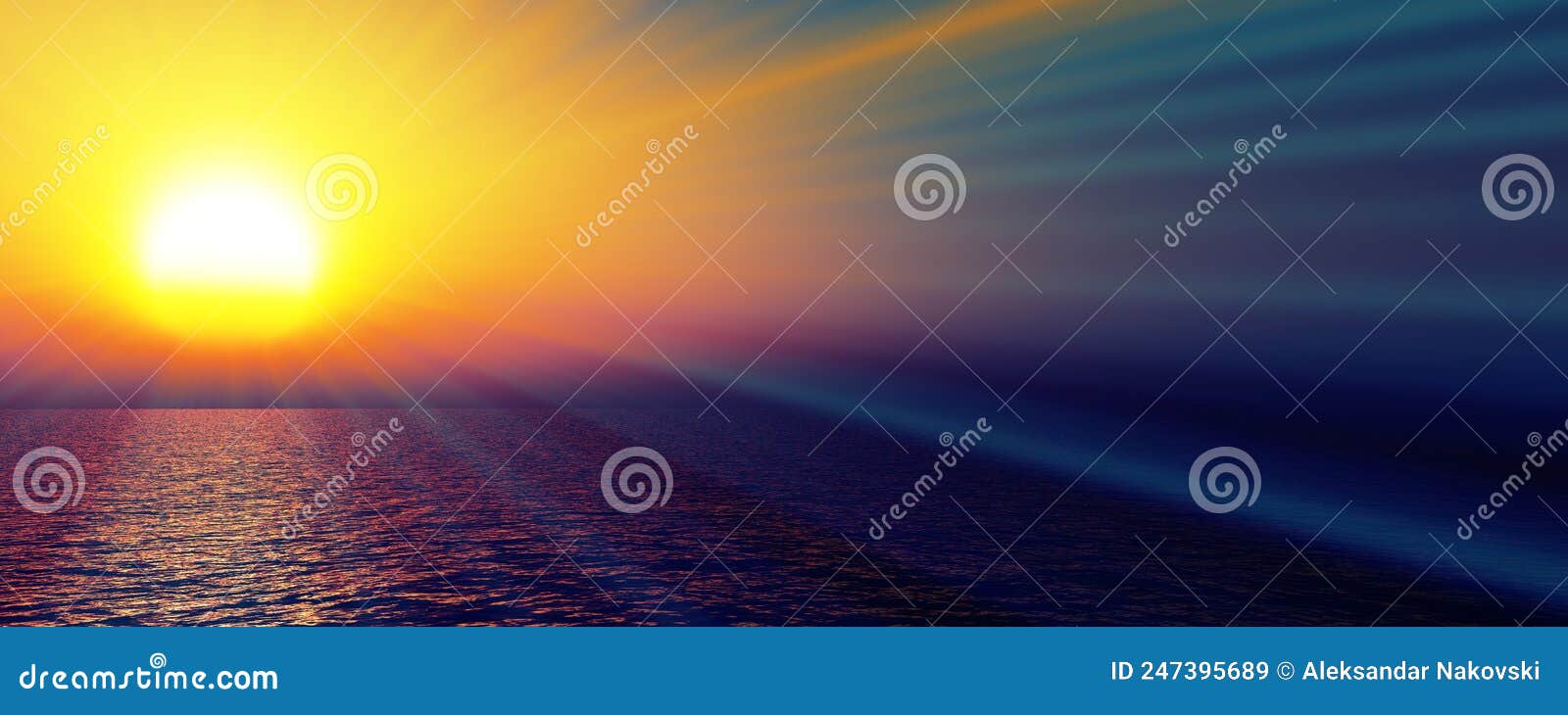 Sunset Sea Sun Ray Clear Sky. 3d Rendering Stock Illustration ...