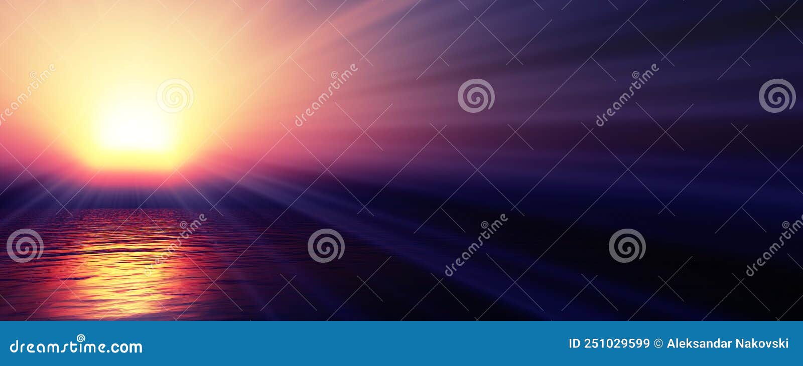 Sunset Sea Sun Ray Clear Sky. 3d Rendering Stock Illustration ...