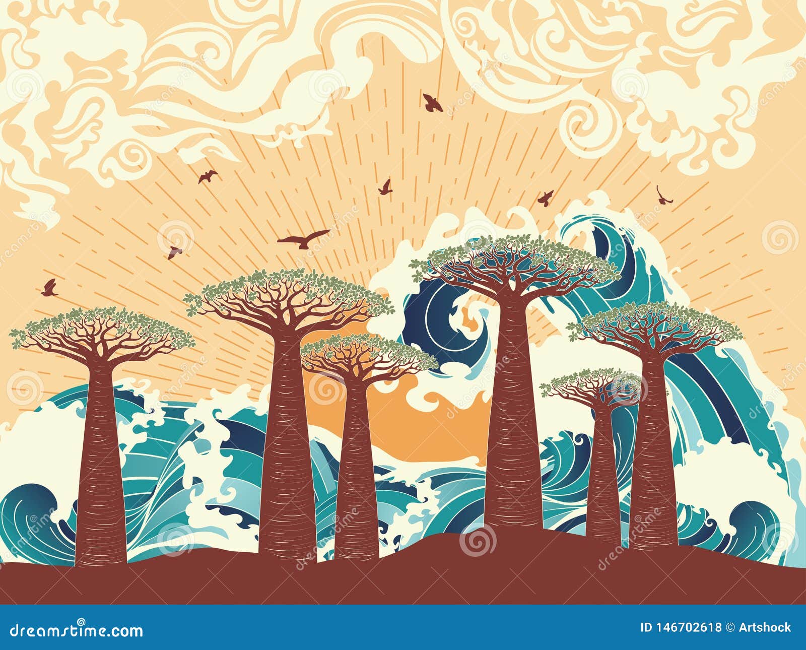 Sunset sea and tree stock vector. Illustration of summer - 146702618