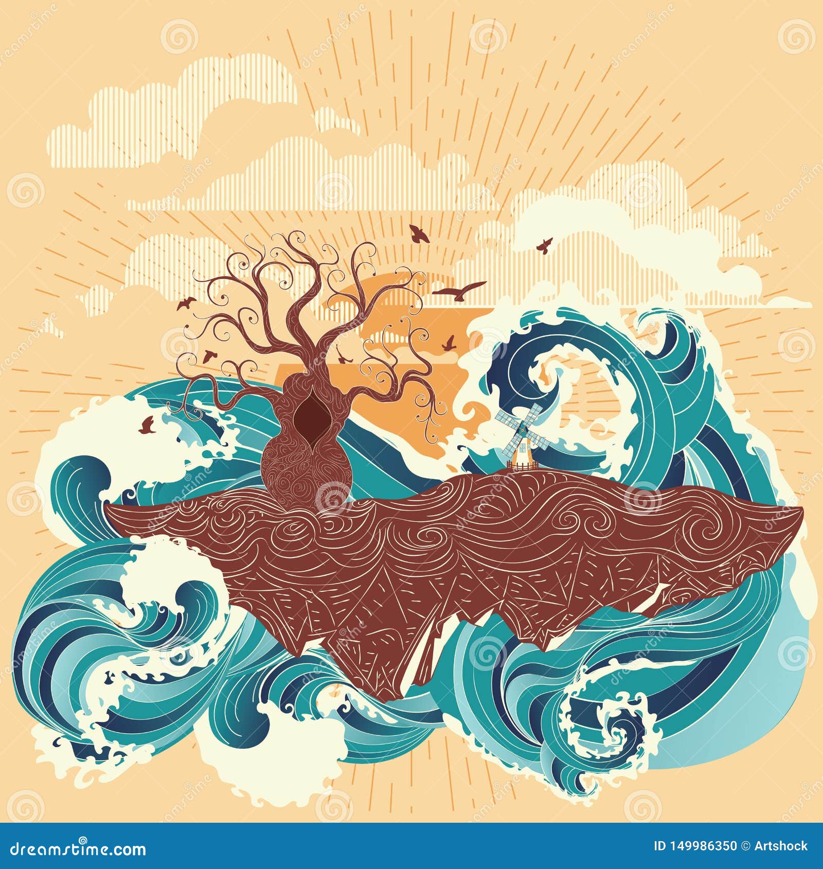 Sunset sea and tree stock vector. Illustration of print - 149986350