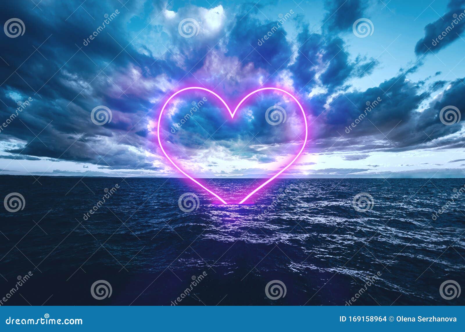 Sunset Sea View with Dramatic Sky and Neon Heart. Stock Photo - Image ...