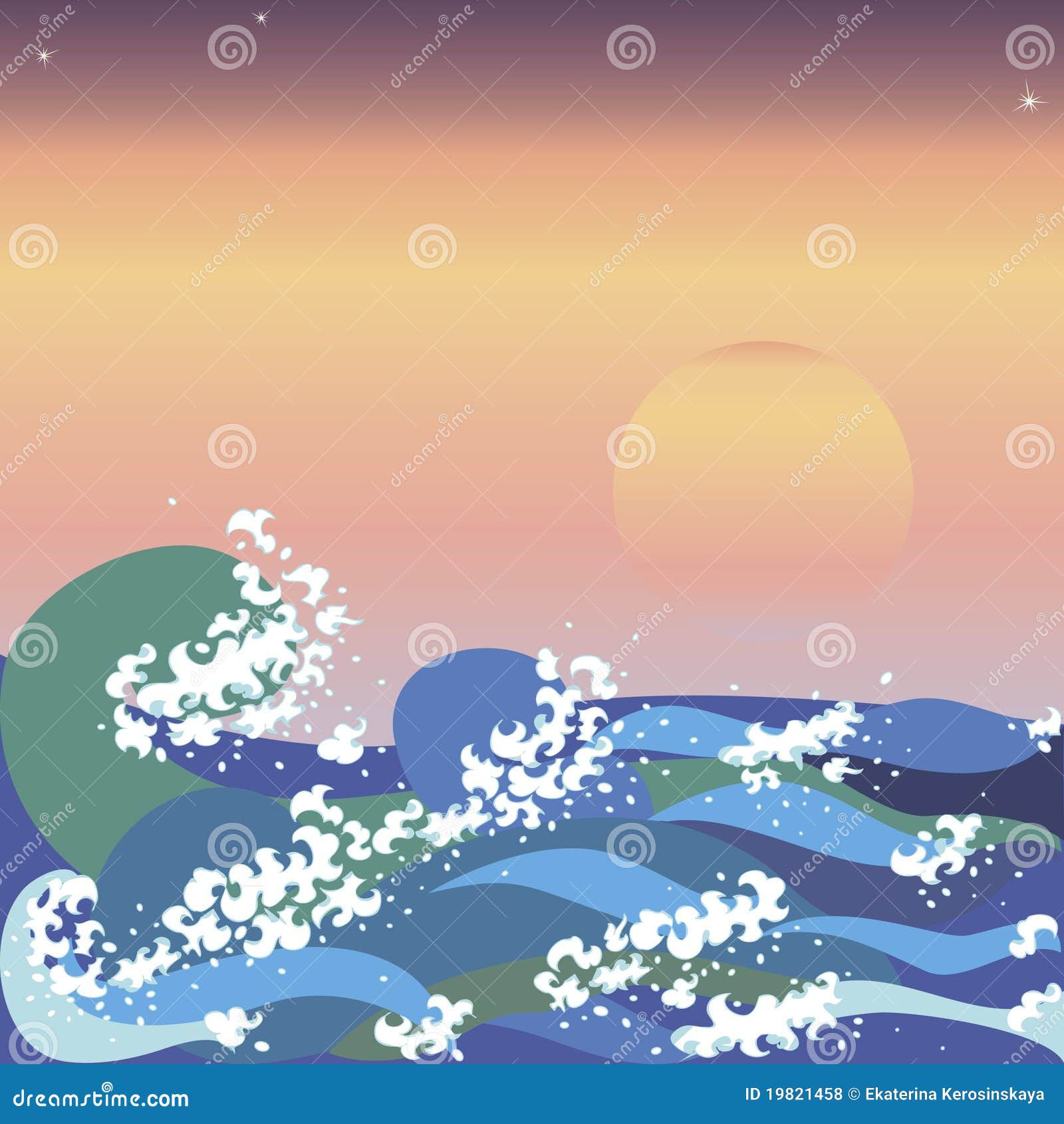 Sunset & Sea Waves in Japanese Style Stock Vector - Illustration of ...