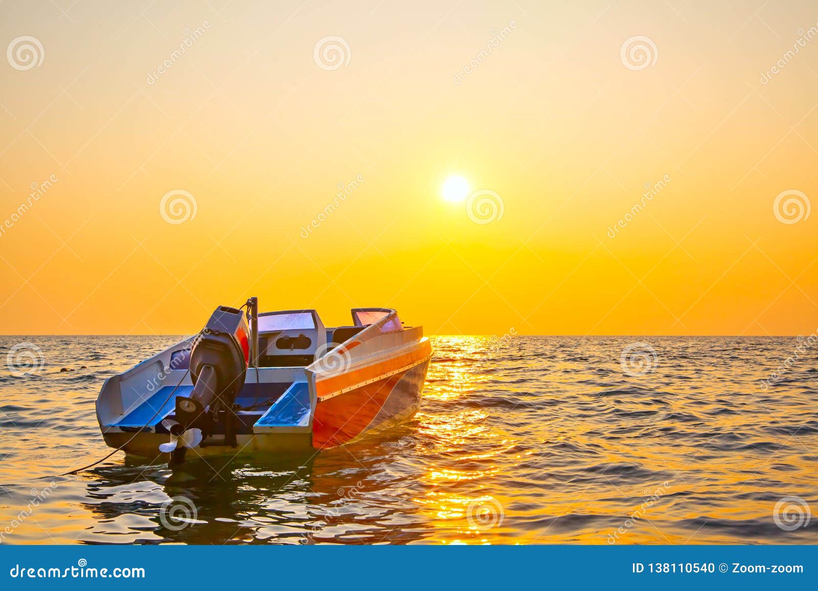 Sunset Seascape with a Motorboat Stock Photo - Image of calm, seashore ...