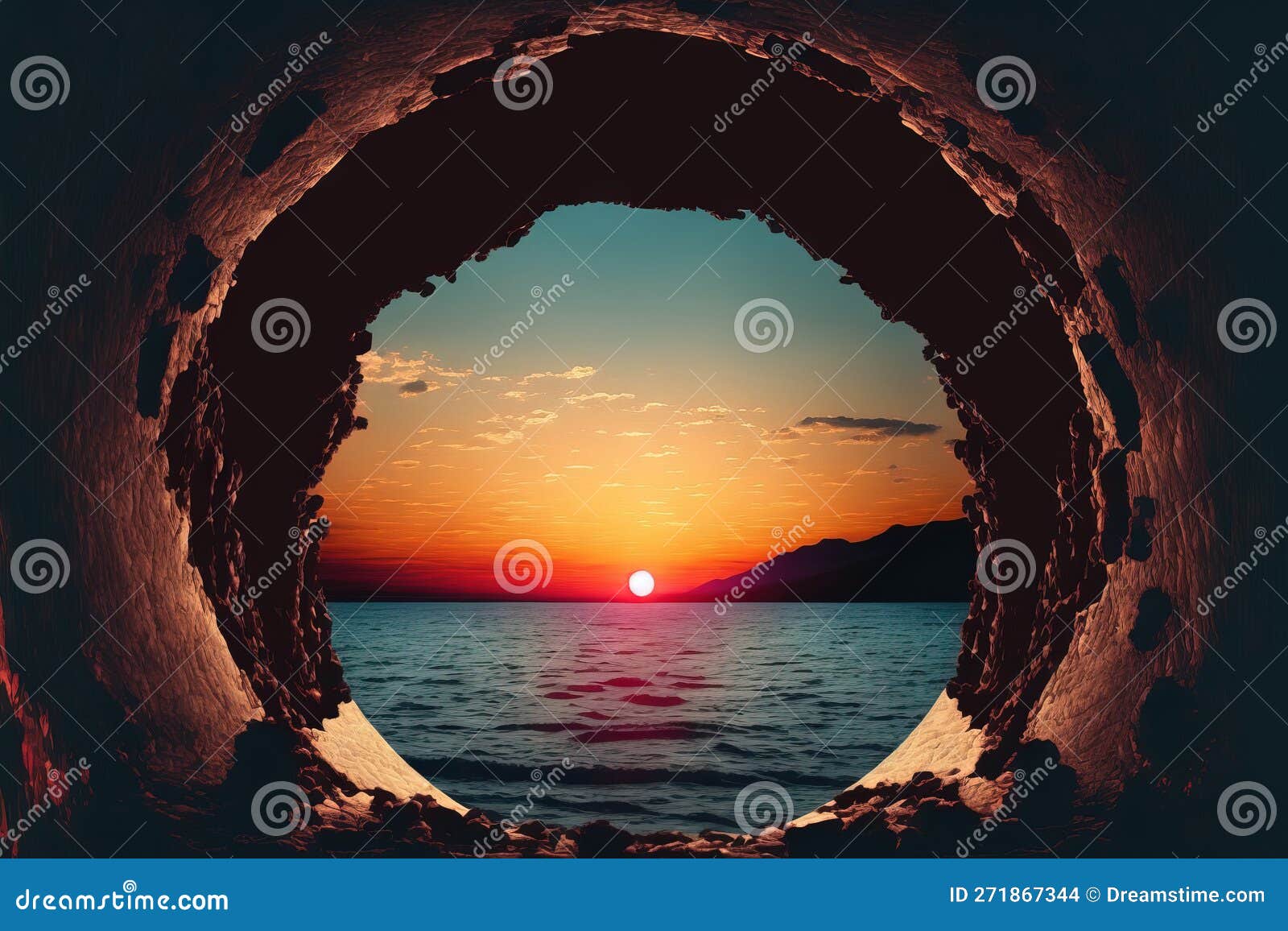 Sunset Seascape with an Unsettling Hollow Tunnel Stock Illustration ...