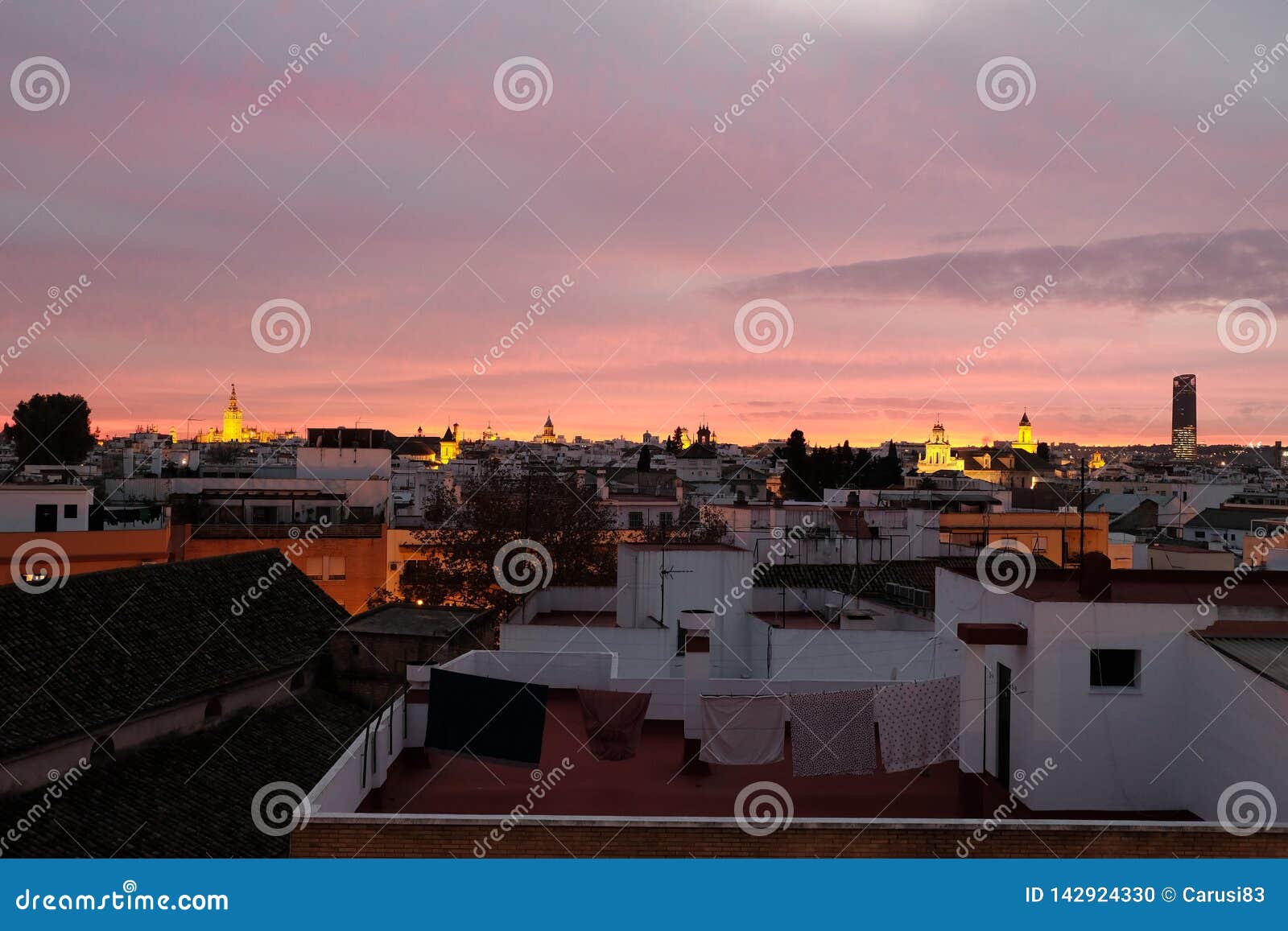 Sunset in Seville stock photo. Image of history, tower - 142924330