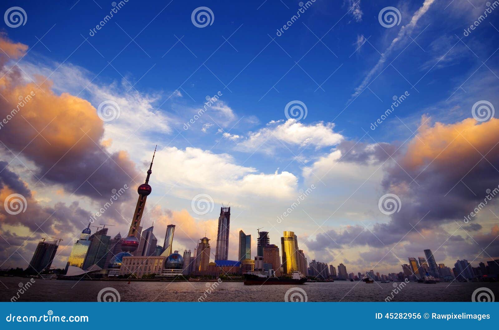 Sunset at Shanghai Skyline with Urban Scene Stock Photo - Image of ...