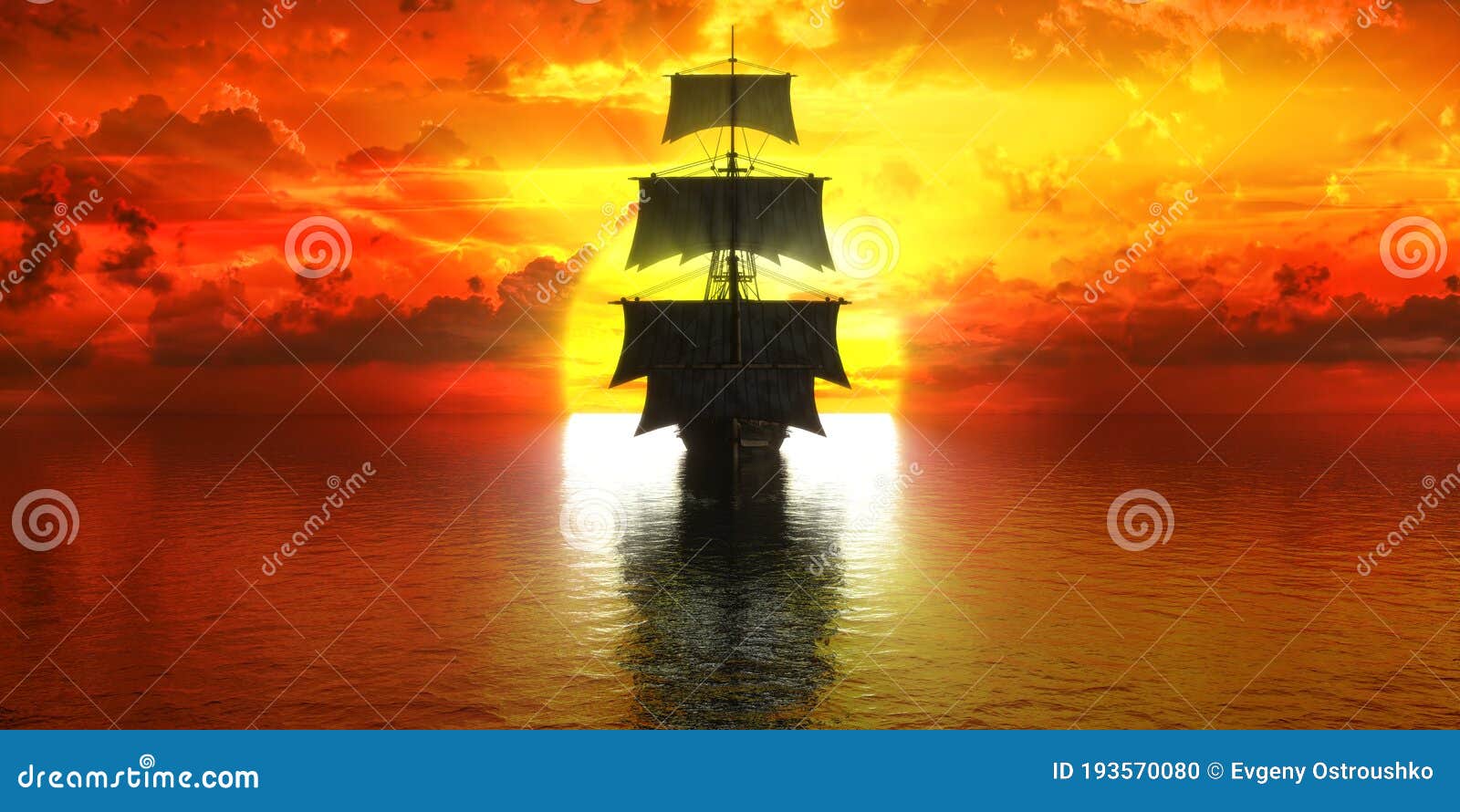 Sunset, Ship on the Background of the Setting Sun Stock Illustration ...