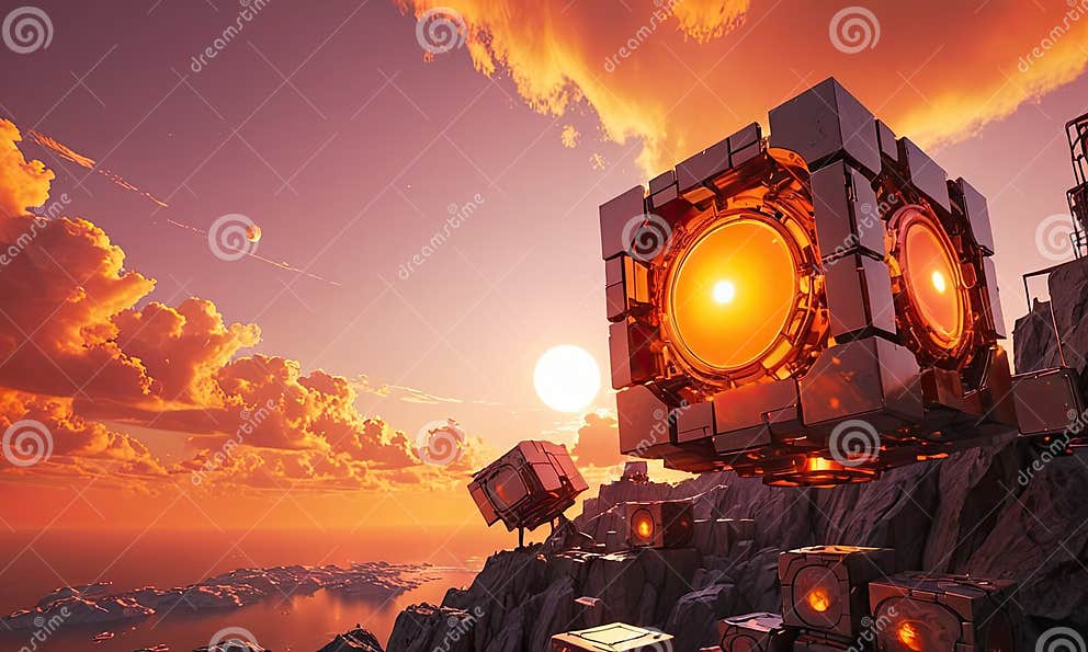 A Sunset is Shown with a Large Cube in the Foreground and a Smaller One ...