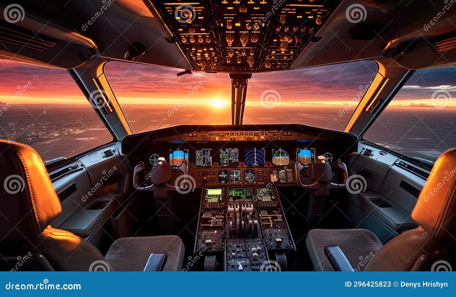 The Cockpit Of A Plane Is Shown With A View Of The Ground Stock ...