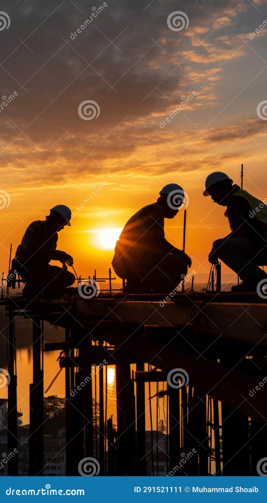 Sunset Silhouette Construction Workers Grace the Horizon, a Symbol of ...