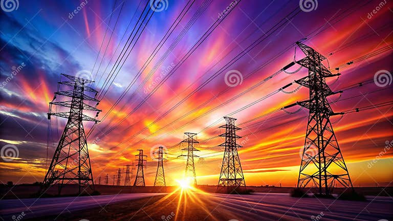 Sunset Silhouette of Powerline Towers with Dynamic Light Trails a ...