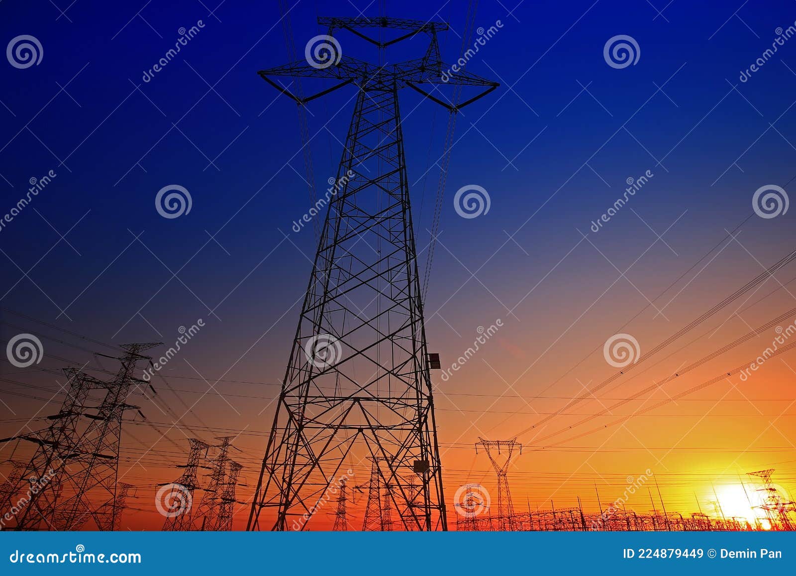 Sunset silhouette of pylon stock image. Image of insulator - 224879449