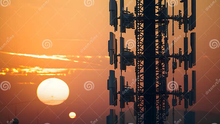 Sunset Silhouette of a Tech-Adorned Tower. Concept Tech, Sunset ...