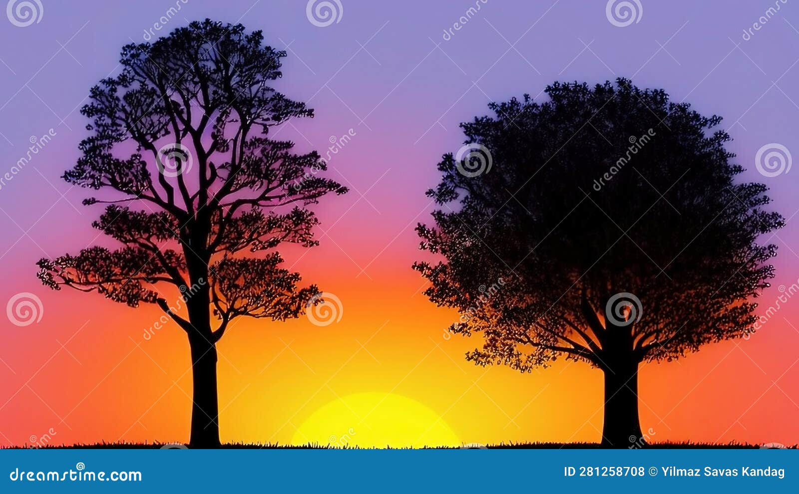 Sunset and Silhouette of Tree in Nature Stock Illustration ...