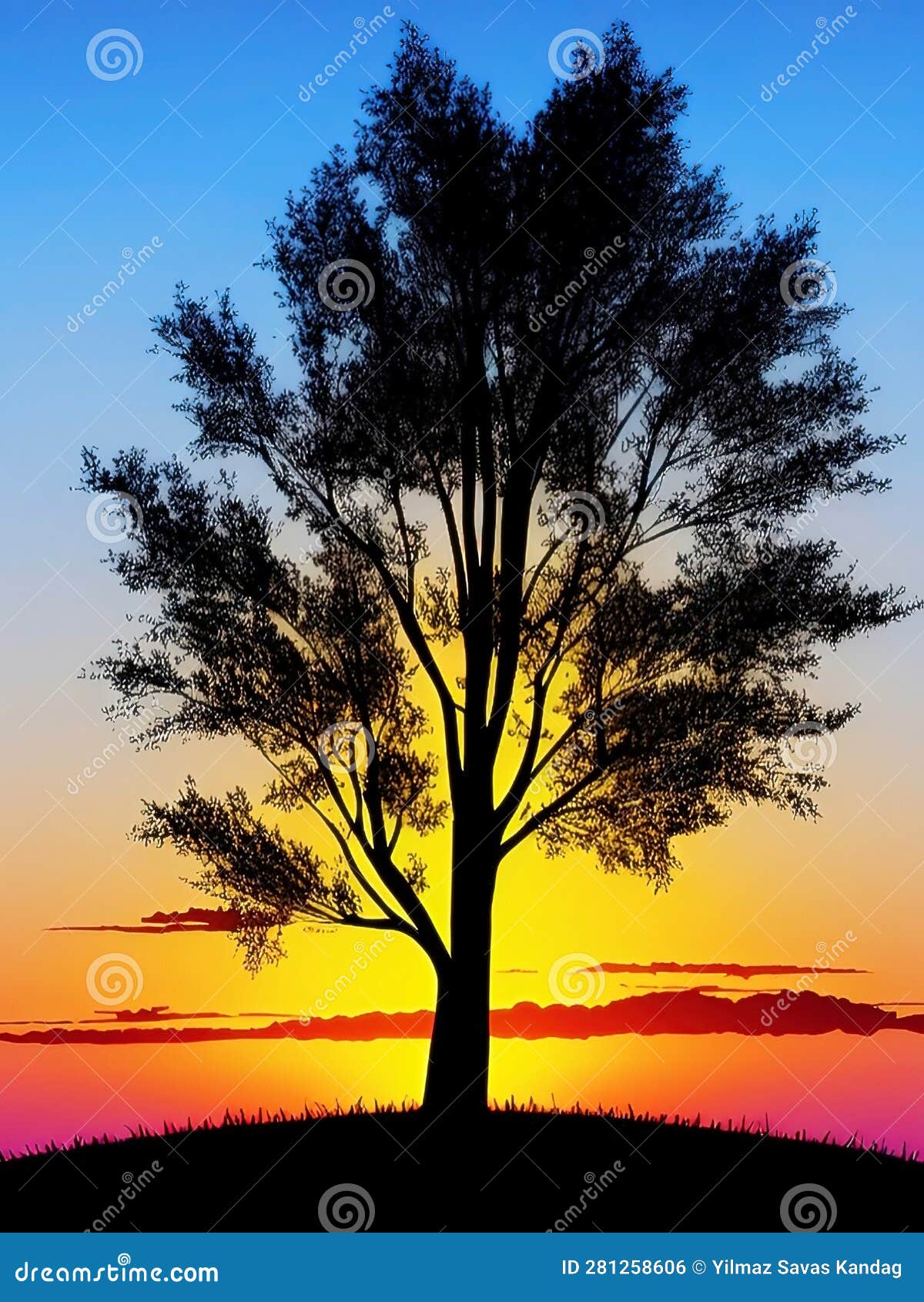 Sunset and Silhouette of Tree in Nature Stock Illustration ...