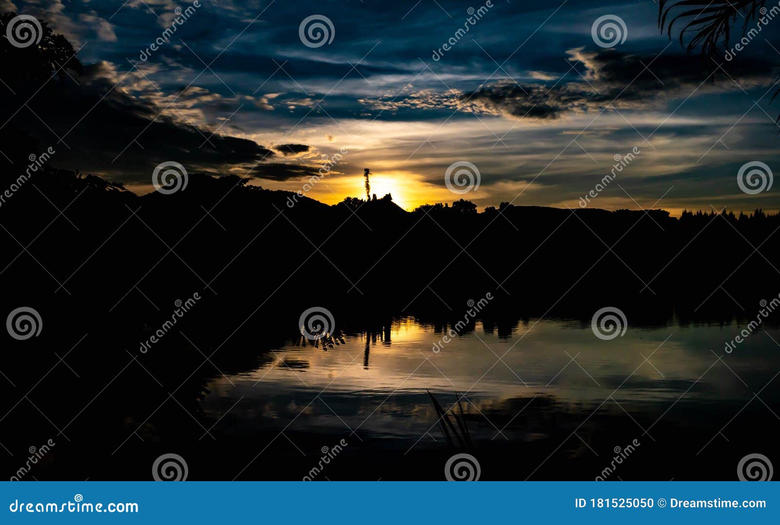 Sunset with Silhouette Trees and Reflection in Lake Stock Photo - Image ...