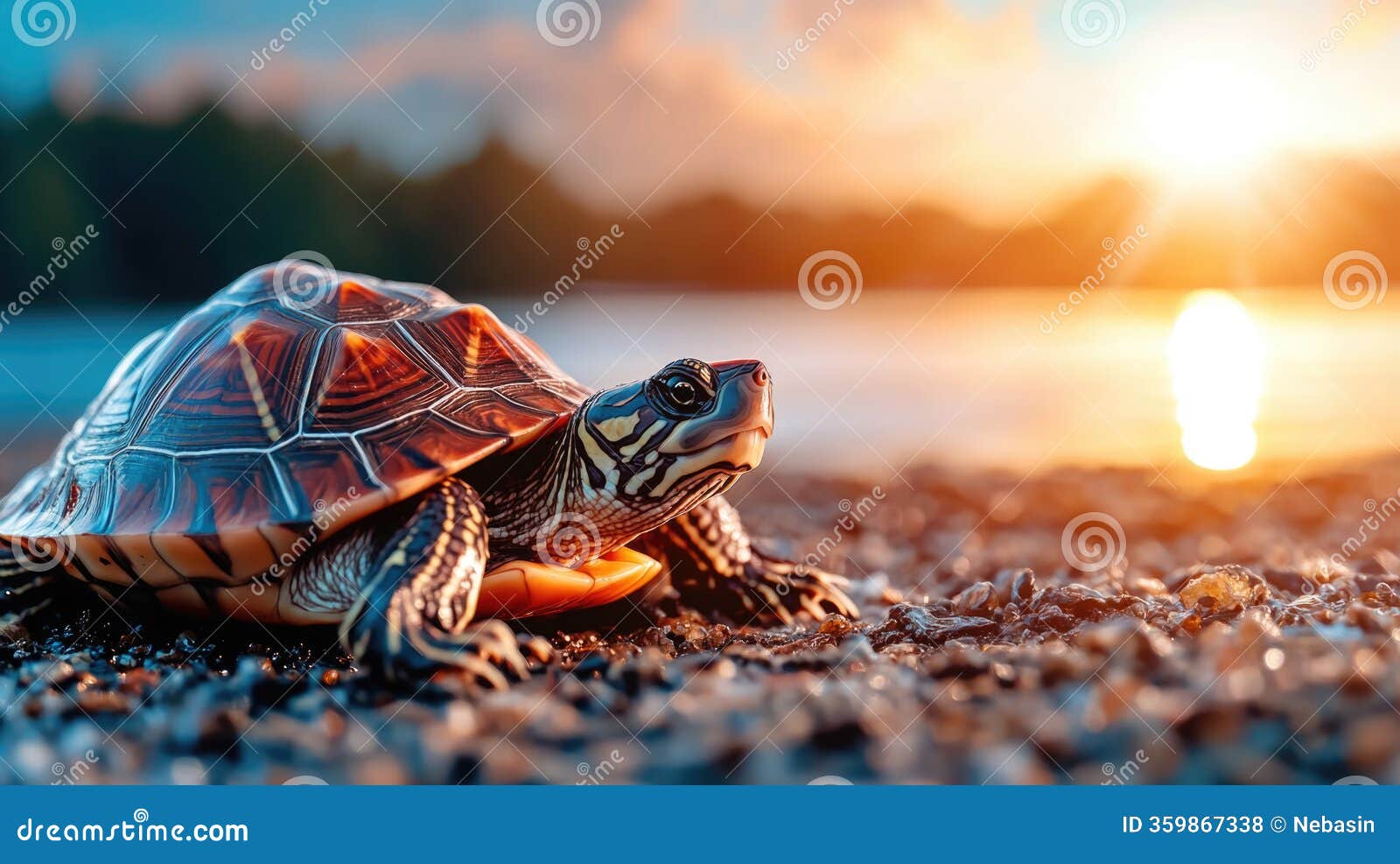 Sunset Silhouette of a Turtle on Pebble Beach by the Water Stock Photo ...