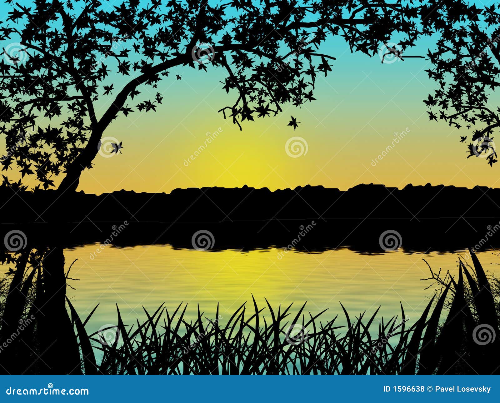 Sunset Silhouette Water Tree Stock Illustration - Illustration of blue ...
